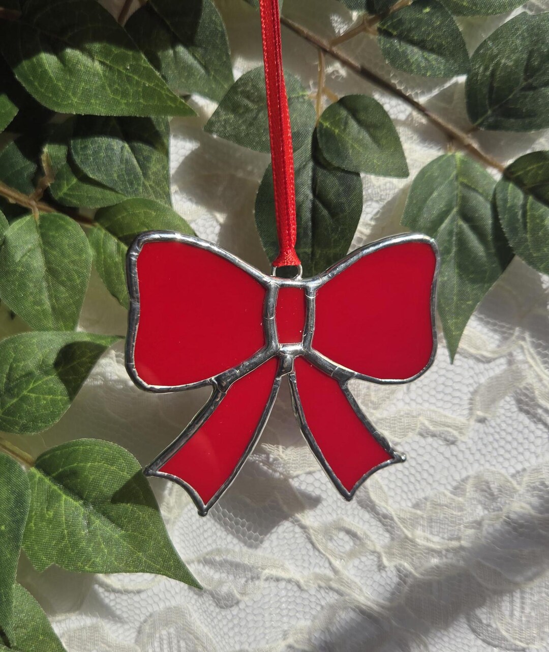 Stained Glass Red Bow Tree Ornament Handmade Holiday Christmas Gift ...