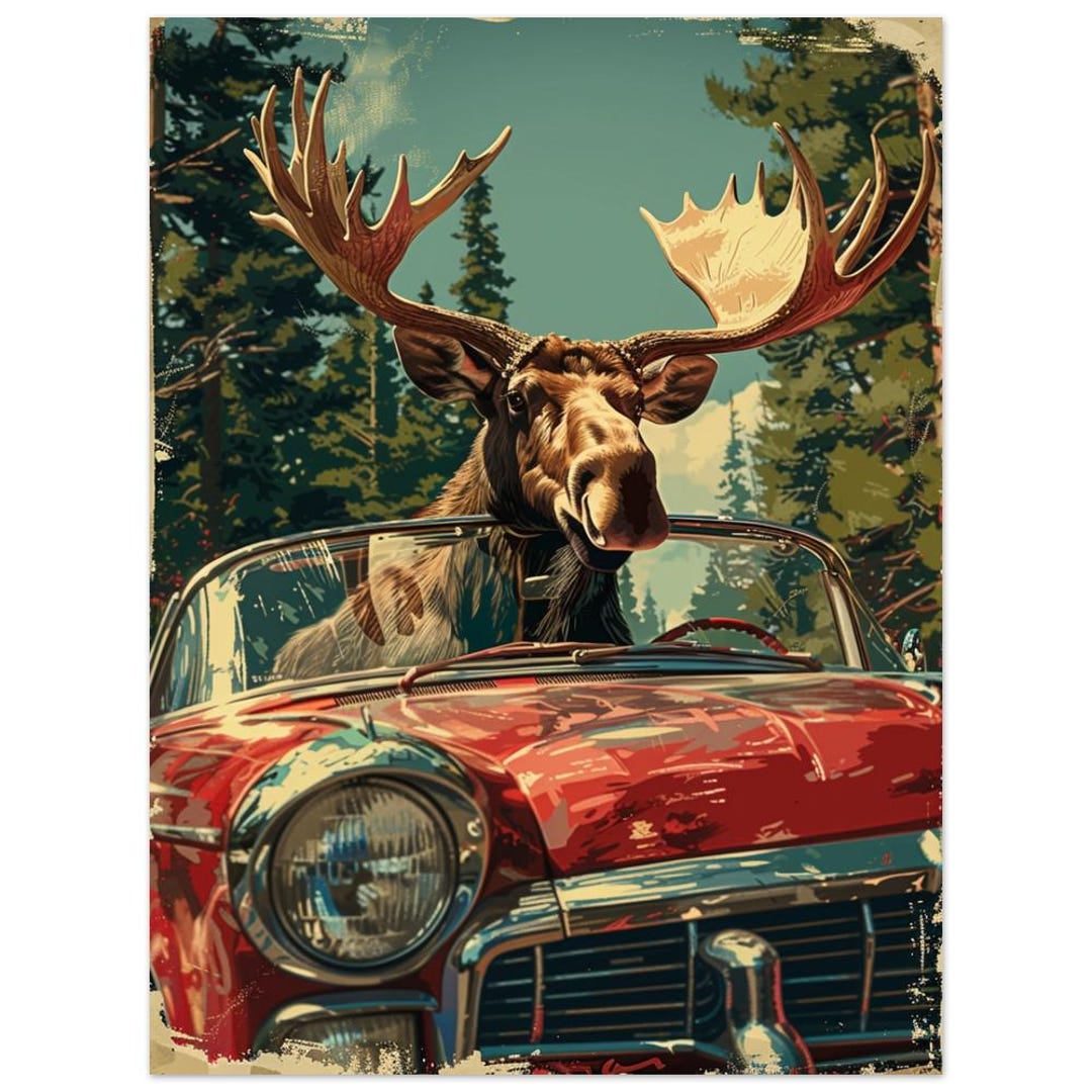 Moose Driving Red Convertible Car Art Print - Etsy