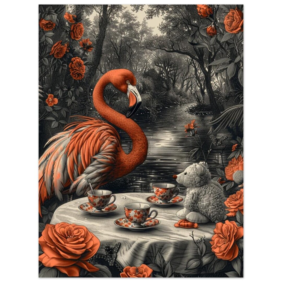 Surreal Flamingo Tea Party Art Print - Etsy