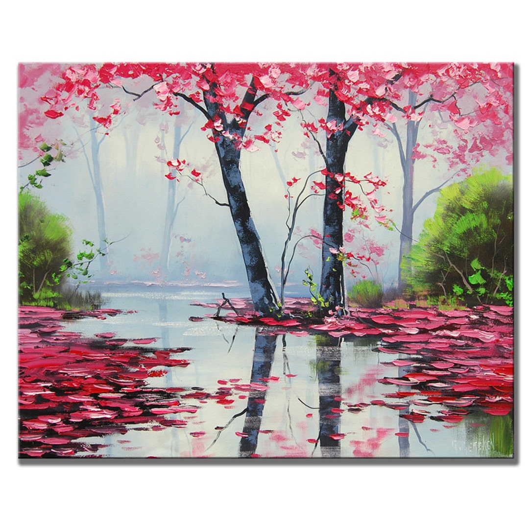 Pink TREES PAINTING TREES Landscape Original Oil Impressionist ...