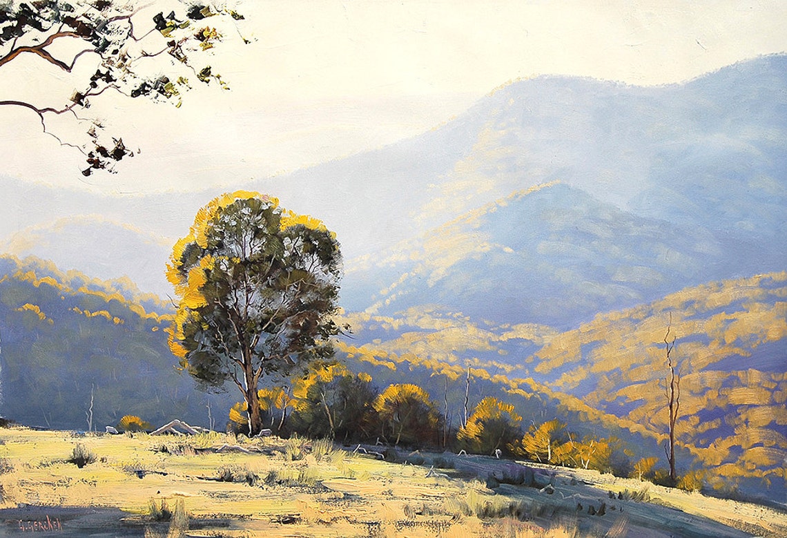 LARGE LANDSCAPE PAINTING Listed Artist Original Oil Painting Gum Trees ...