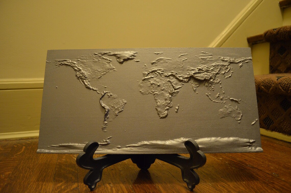 World Map Metallic Map USA Map Topography Modern Art Wall Map Mountain ...