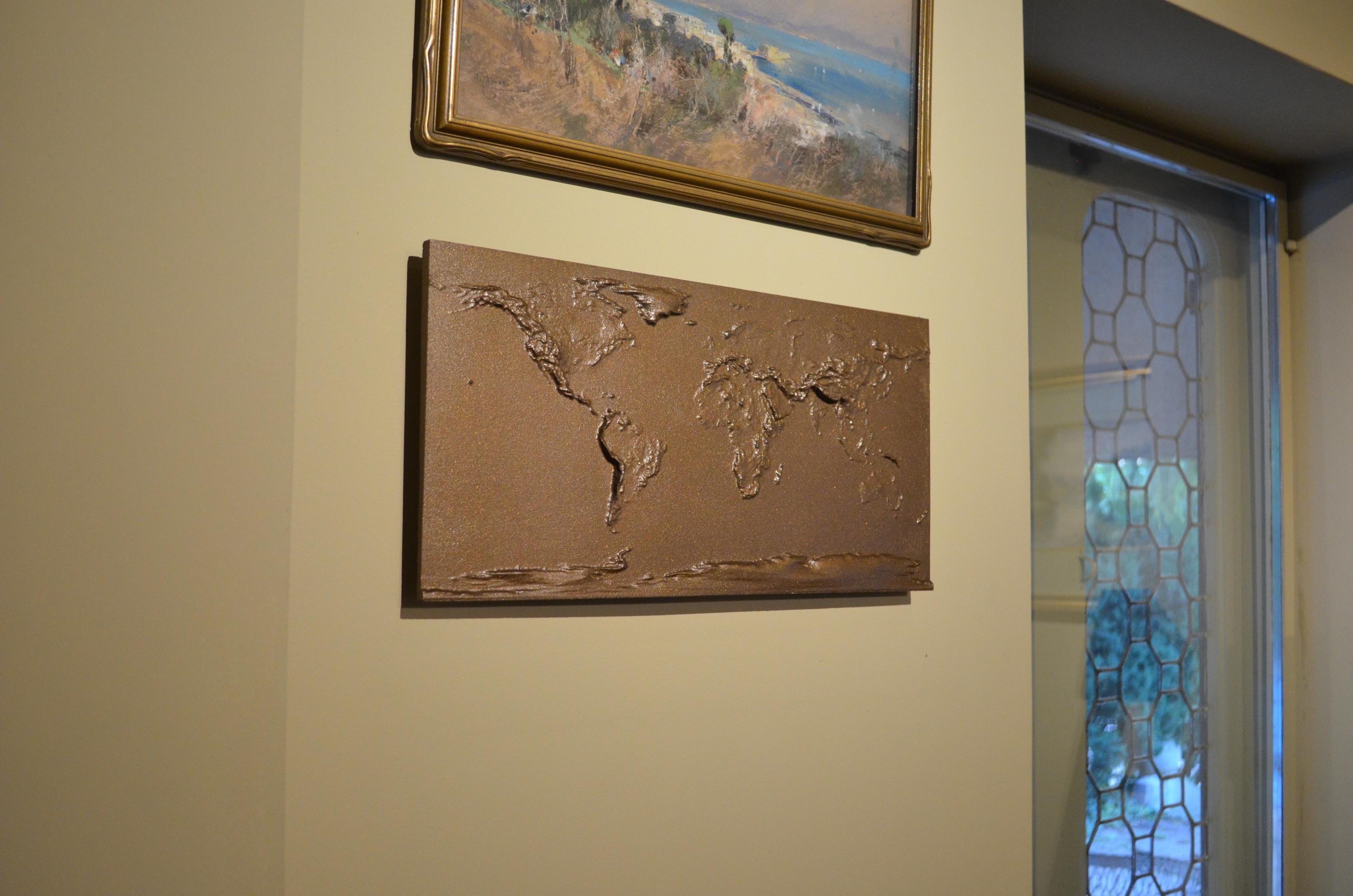 World Map Metallic Map USA Map Topography Modern Art Wall Map Mountain ...