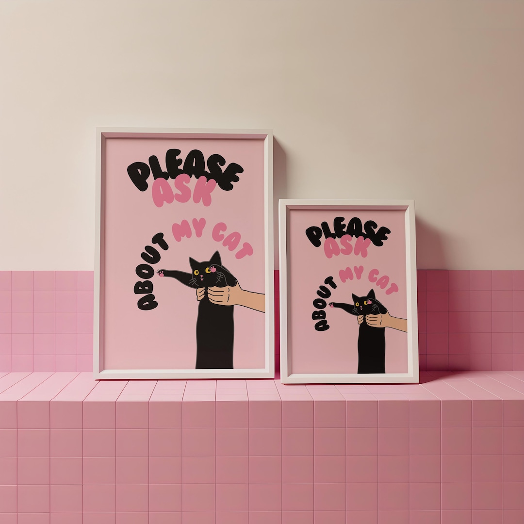 Pink Cat Wall Print Black Cat Wall Art Cat Lover Gift Digital Download ...