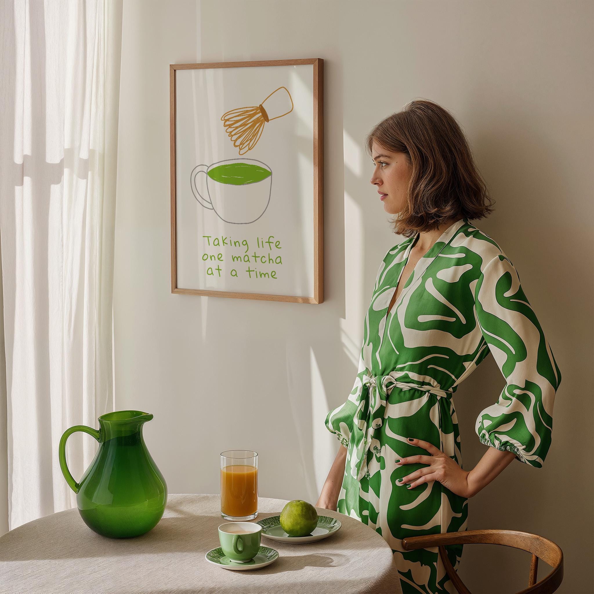 One Matcha at A Time, Hand Drawn Printable Wall Art, Matcha Club, Green ...