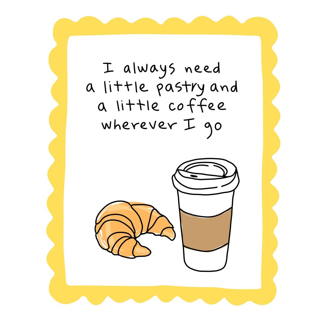 Croissant and Coffee Print Hand Drawn Illustration Kitchen Wall Art ...