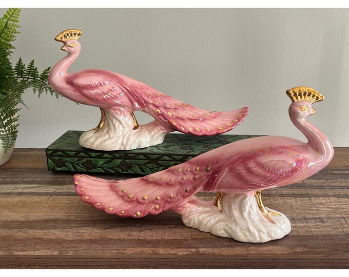 Mid Century Pink Ceramic Peacocks - Hollywood Regency Home Decor, Bird ...