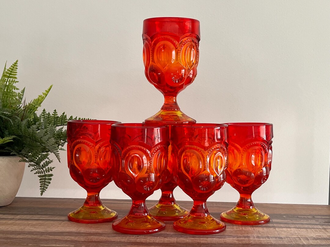 LE Smith Glass Amberina Moon and Stars Water Goblets Set of Six Flame ...