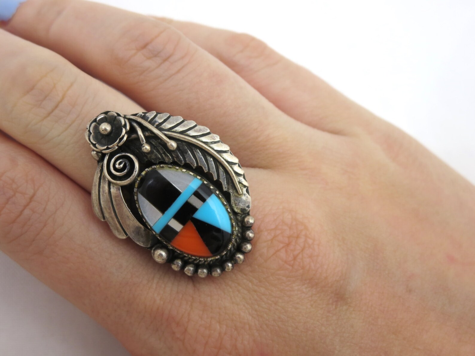 Sterling Silver Statement Ring Zuni Style Mexican Inlaid - Etsy