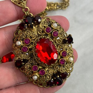 West Germany Red Rhinestone Jewelry Set Necklace and Earrings - Brass Filigree Necklace With ...