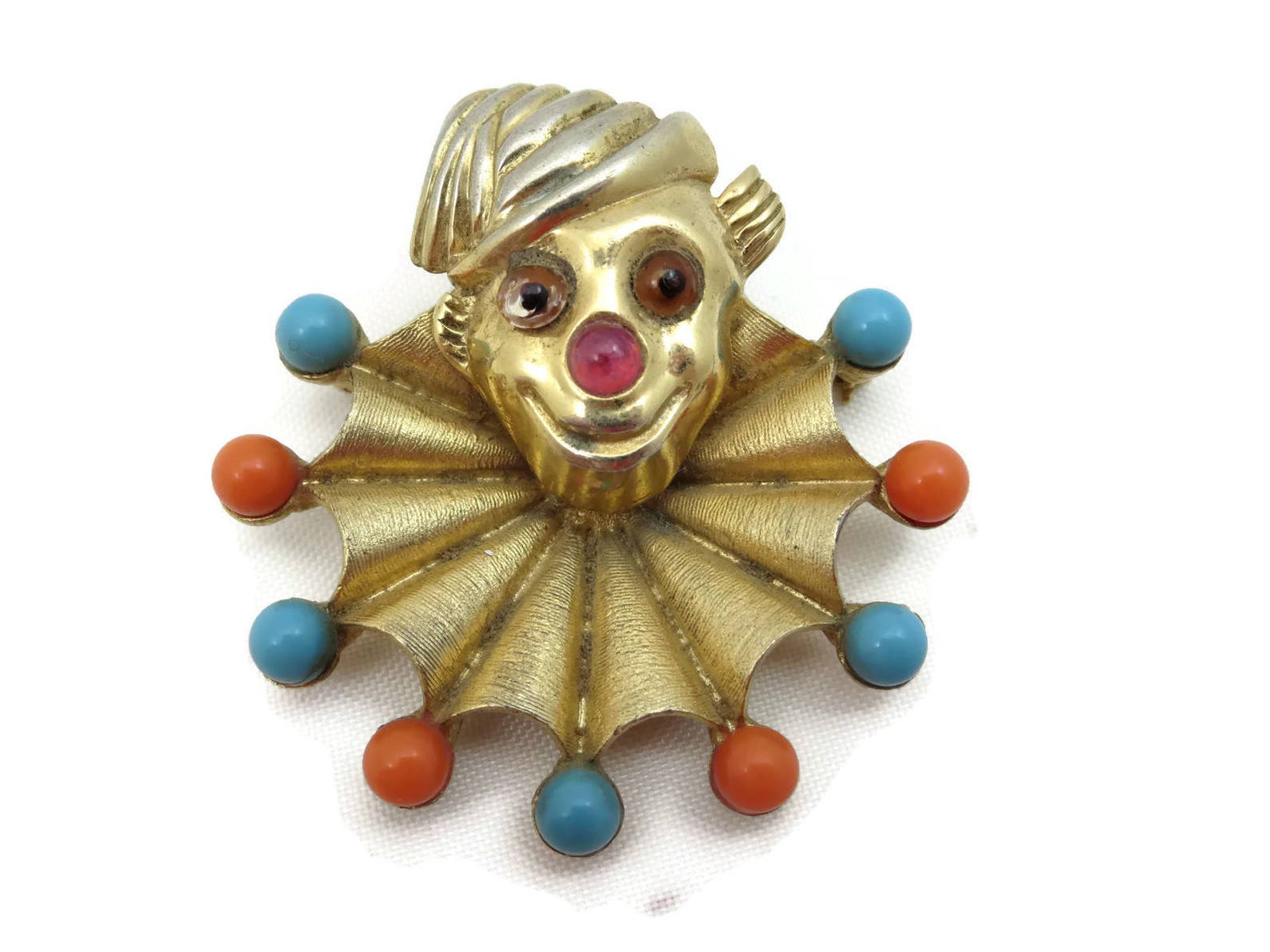 Clown Brooch - Figural Gold Tone Turquoise Coral Balls Mid Century ...