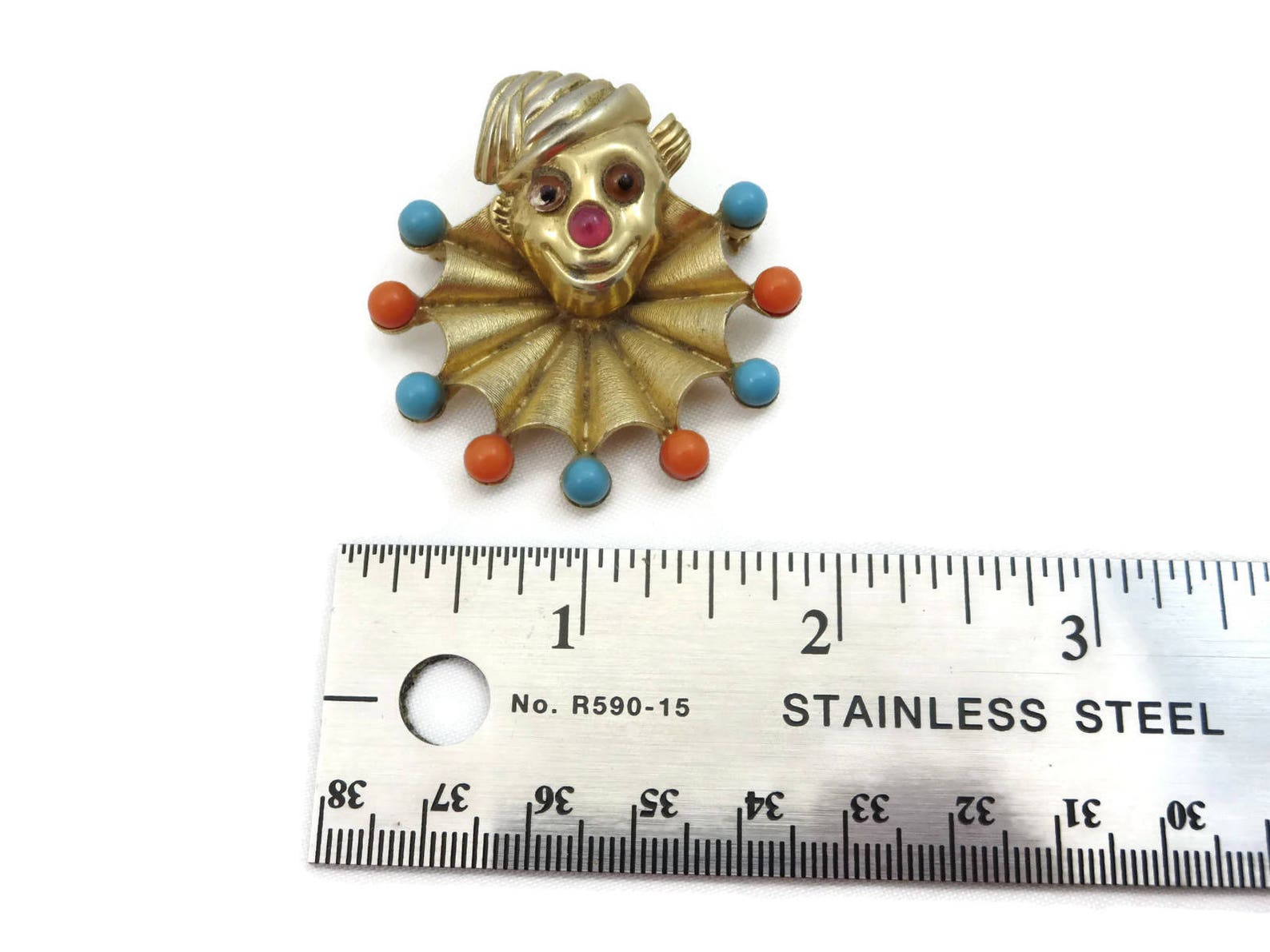 Clown Brooch - Figural Gold Tone Turquoise Coral Balls Mid Century ...