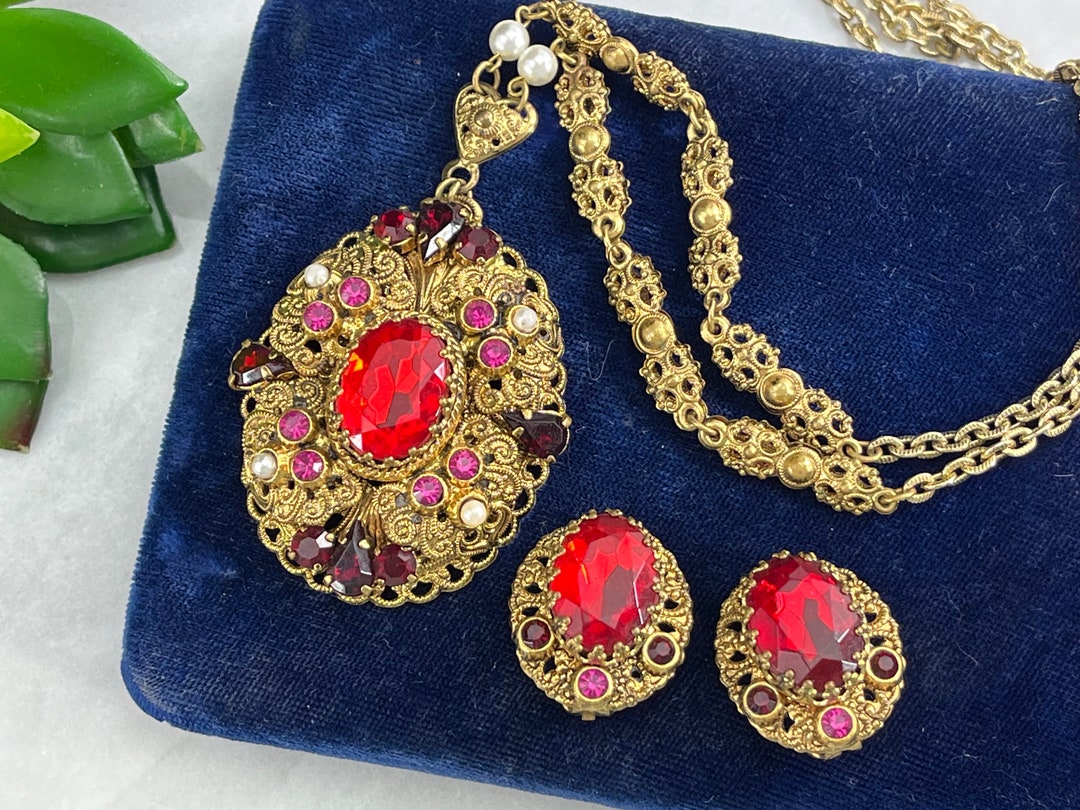 West Germany Red Rhinestone Jewelry Set Necklace and Earrings - Brass ...