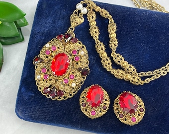 1950s West Germany Red Rhinestone Necklace- Brass Filigree Necklace With Faux Pearls Pink and ...
