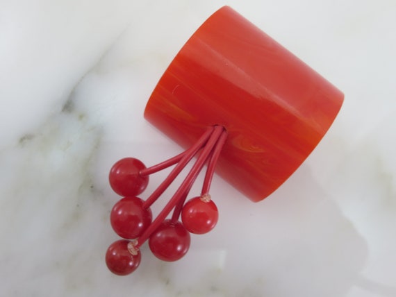 Bakelite Cherry Brooch - Red Carved Cherries Bakelite… - Gem