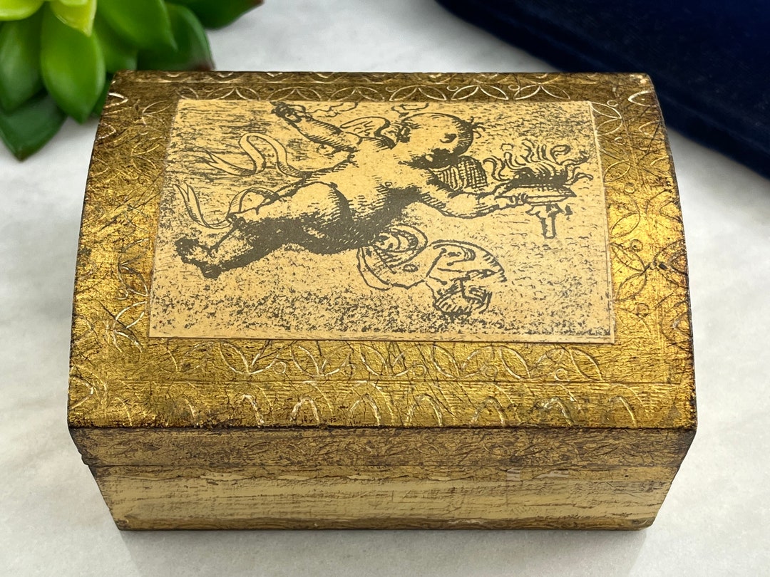 Vintage Florentine Wooden Trinket Box - Jewelry Box, Gold With Cherub ...