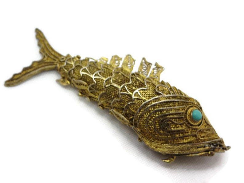 Vintage Silver Filigree Fish Pendant Gold Wash Articulated | Etsy