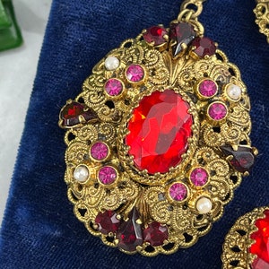 West Germany Red Rhinestone Jewelry Set Necklace and Earrings - Brass Filigree Necklace With ...