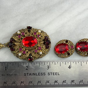 West Germany Red Rhinestone Jewelry Set Necklace and Earrings - Brass Filigree Necklace With ...