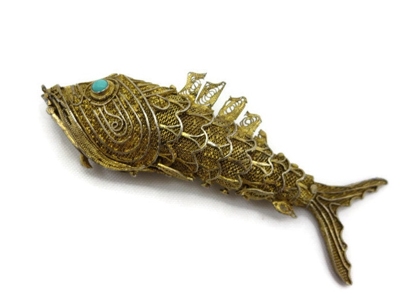 Vintage Silver Filigree Fish Pendant Gold Wash Articulated | Etsy