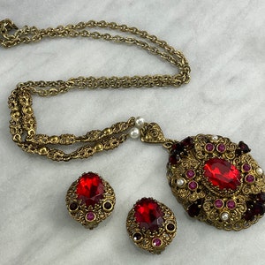West Germany Red Rhinestone Jewelry Set Necklace and Earrings - Brass Filigree Necklace With ...