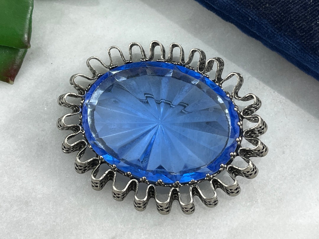 Blue Glass Brooch - Silver Tone Filigree West Germany Costume Jewelry ...