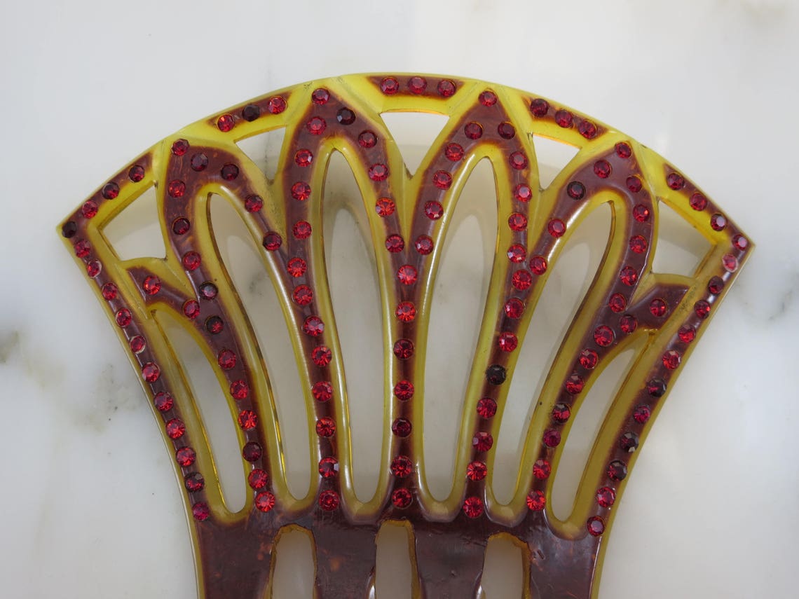 Art Nouveau Celluloid Comb Red Rhinestones Translucent Large - Etsy