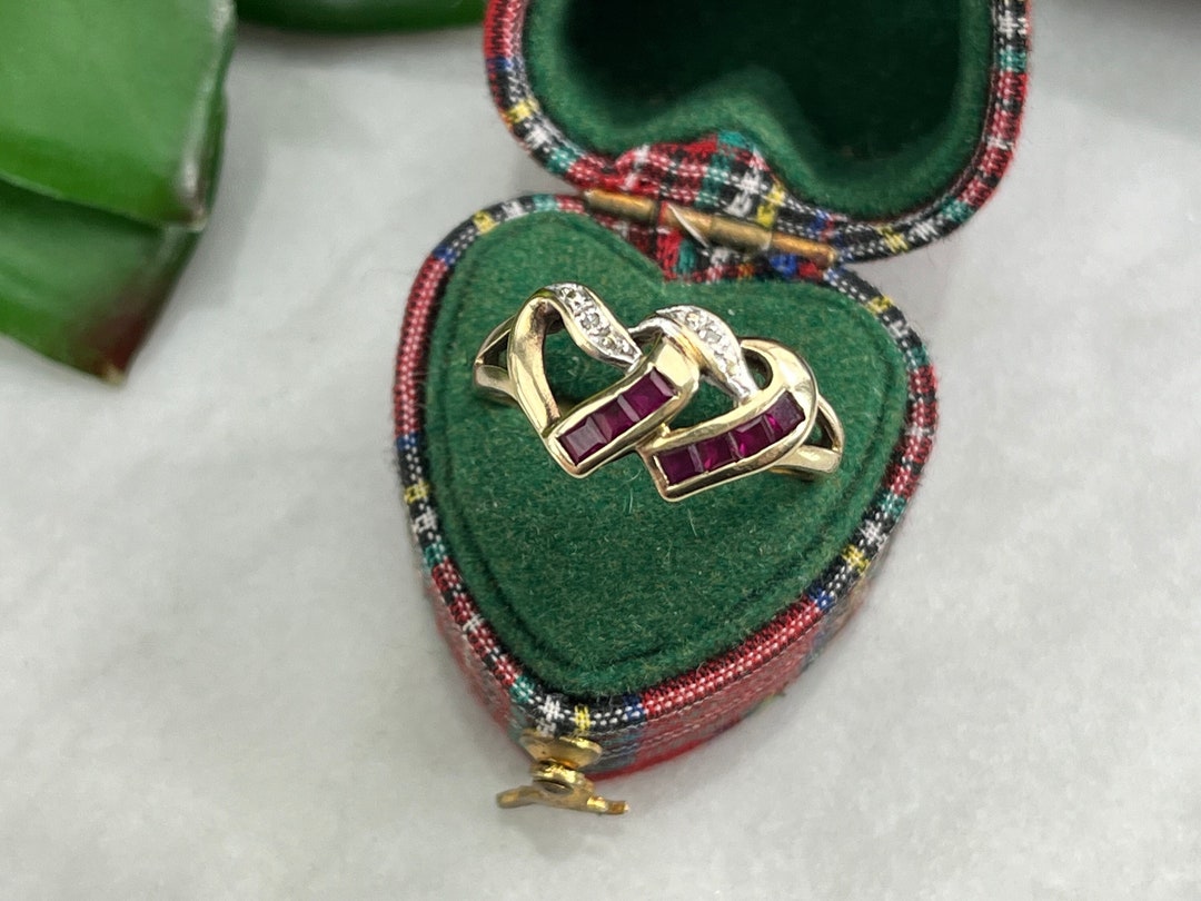 Vintage 10k Gold Double Heart Ring: Ruby and Diamond, Size 7 - Etsy