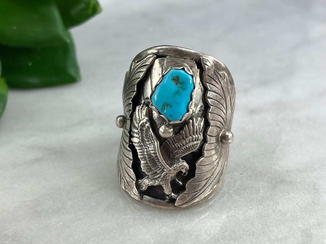 Sterling Silver Turquoise Eagle Ring - Large Native American Navajo ...