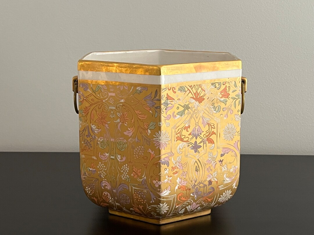 Gilt Porcelain Cache Pot Italy Colorful Floral Planter Vintage Home ...