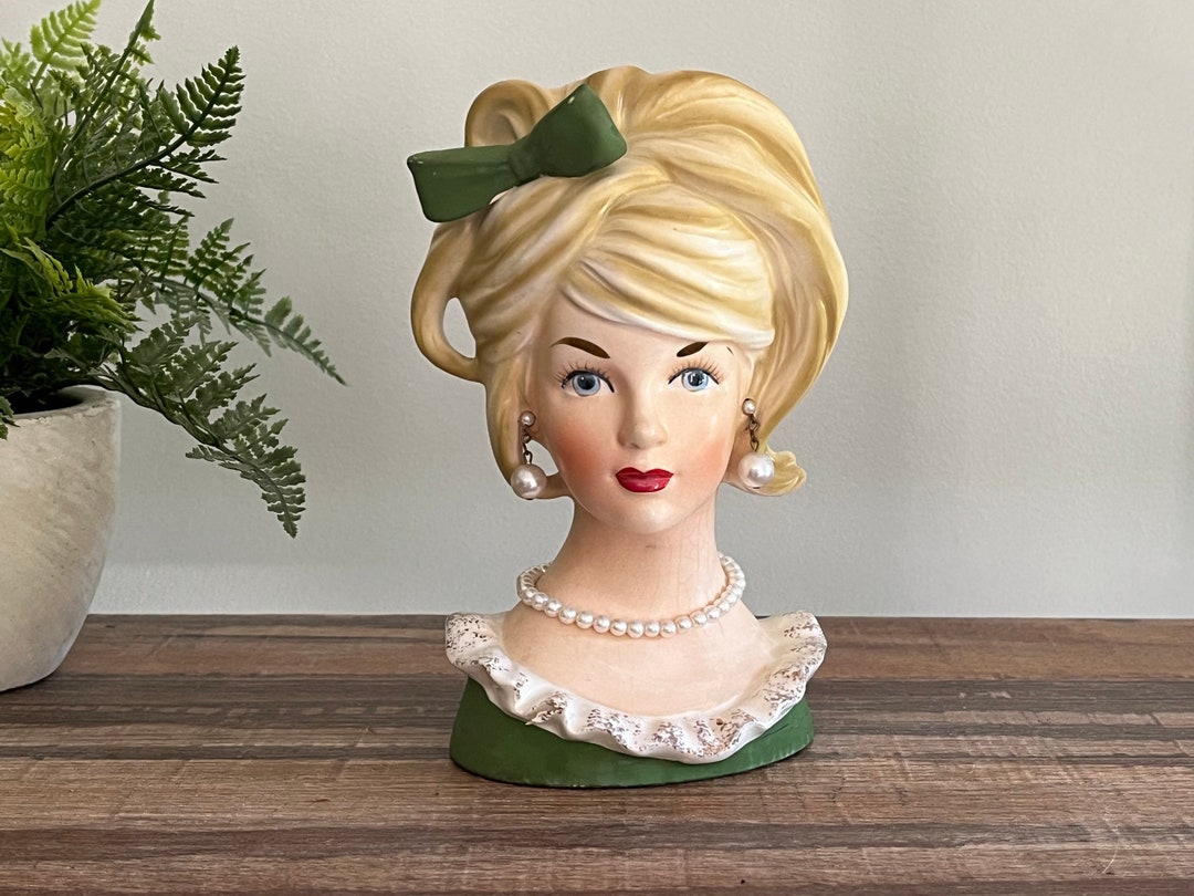 Vintage Relpo Lady Head Vase 7.5 Blonde With Pearl Jewelry Woman Head ...