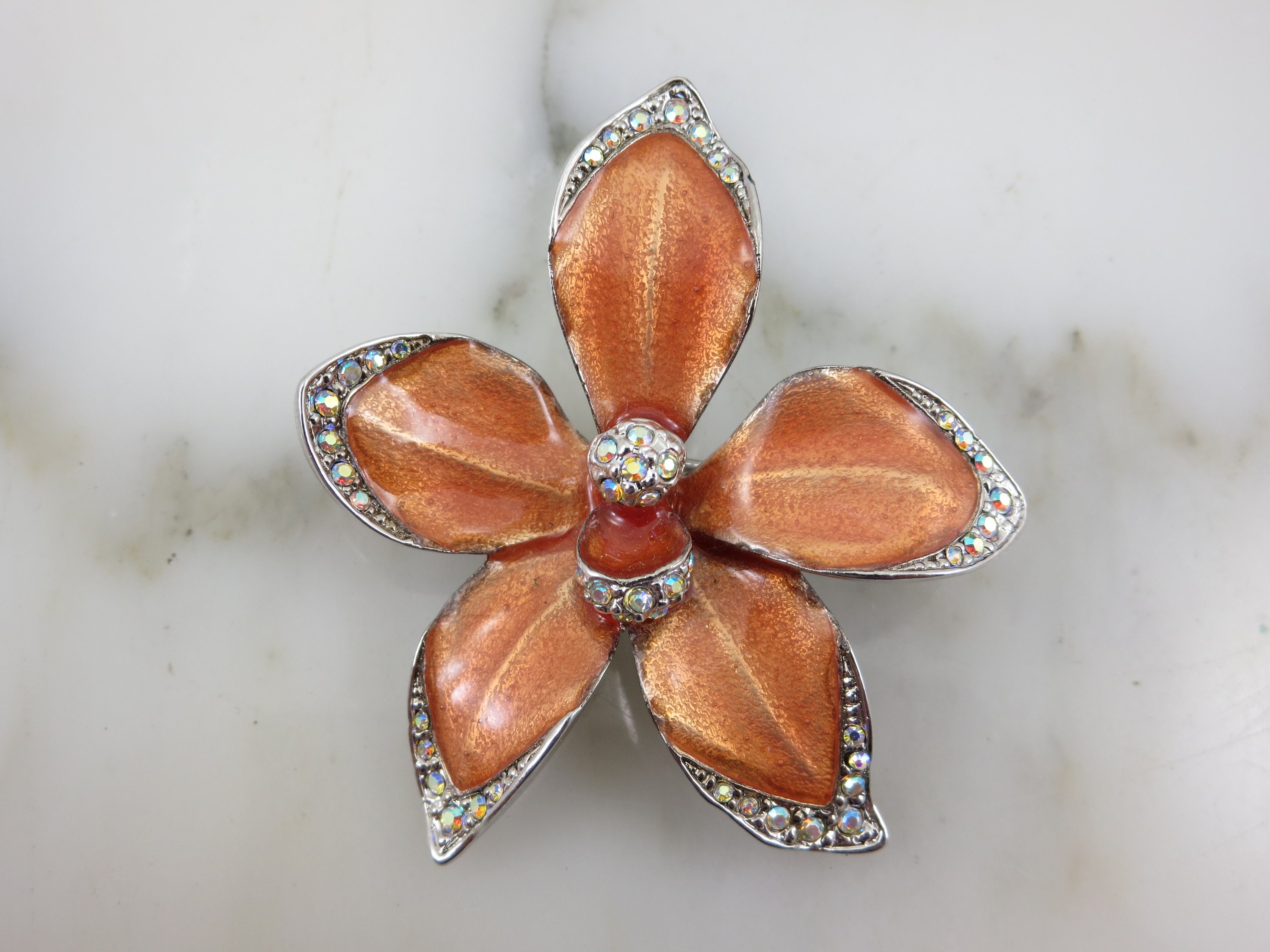 Vintage Enamel Orchid Flower Brooch - AB Rhinestones, Carolee Limited ...