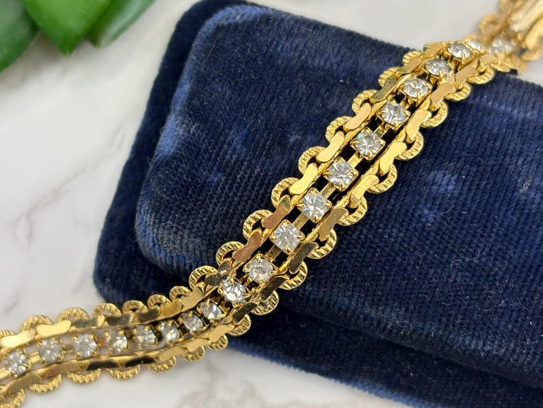 Mixed Link Chain Bracelet Rhinestone Center - Shiny Gold Tone Vintage ...