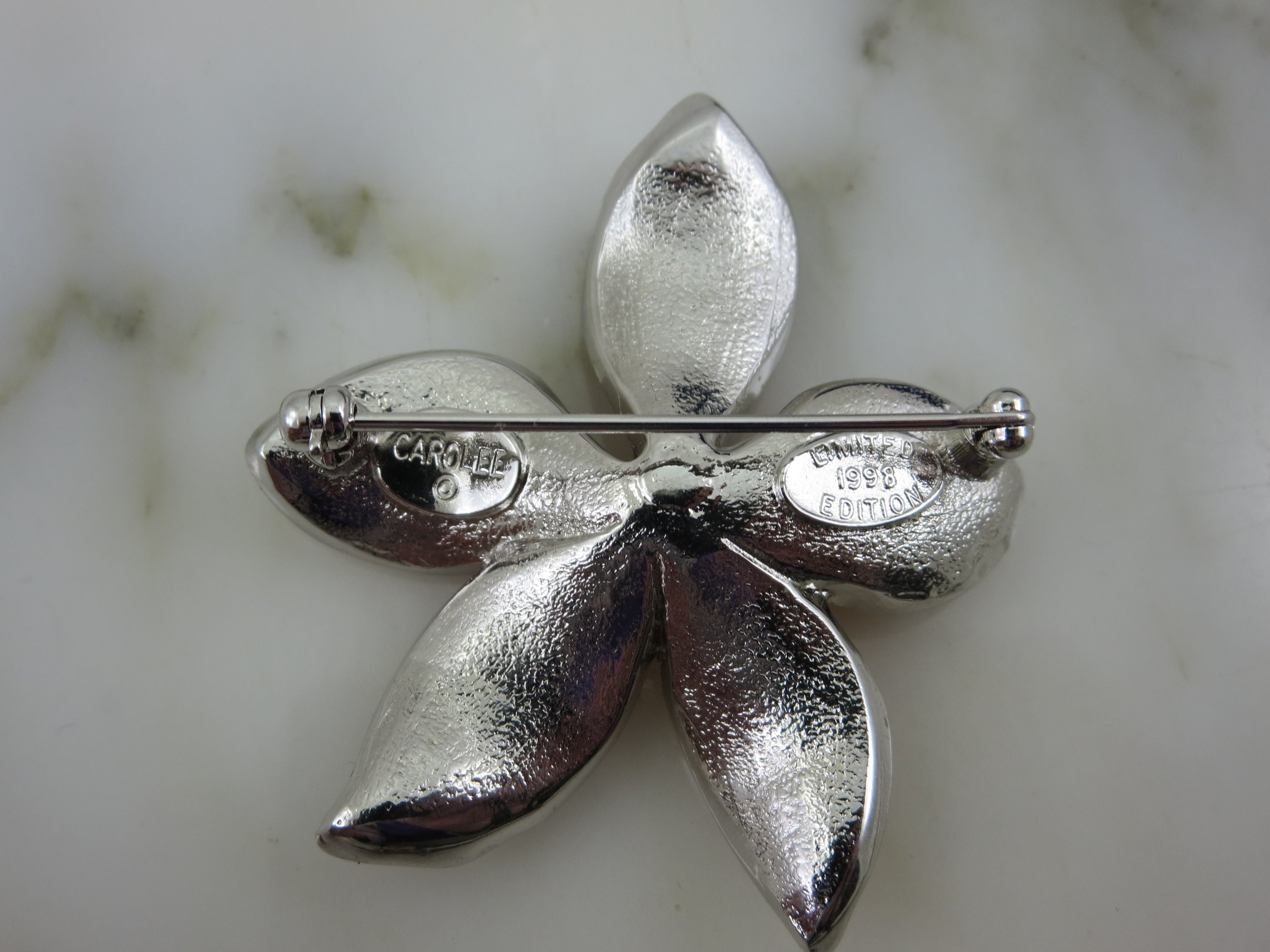Vintage Enamel Orchid Flower Brooch - AB Rhinestones, Carolee Limited ...