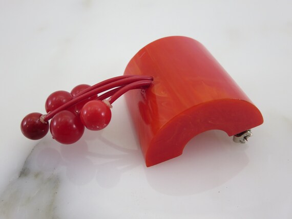 Bakelite Cherry Brooch - Red Carved Cherries Bakelite… - Gem
