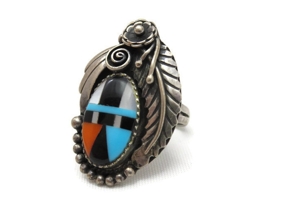 Sterling Silver Statement Ring Zuni Style Mexican Inlaid - Etsy