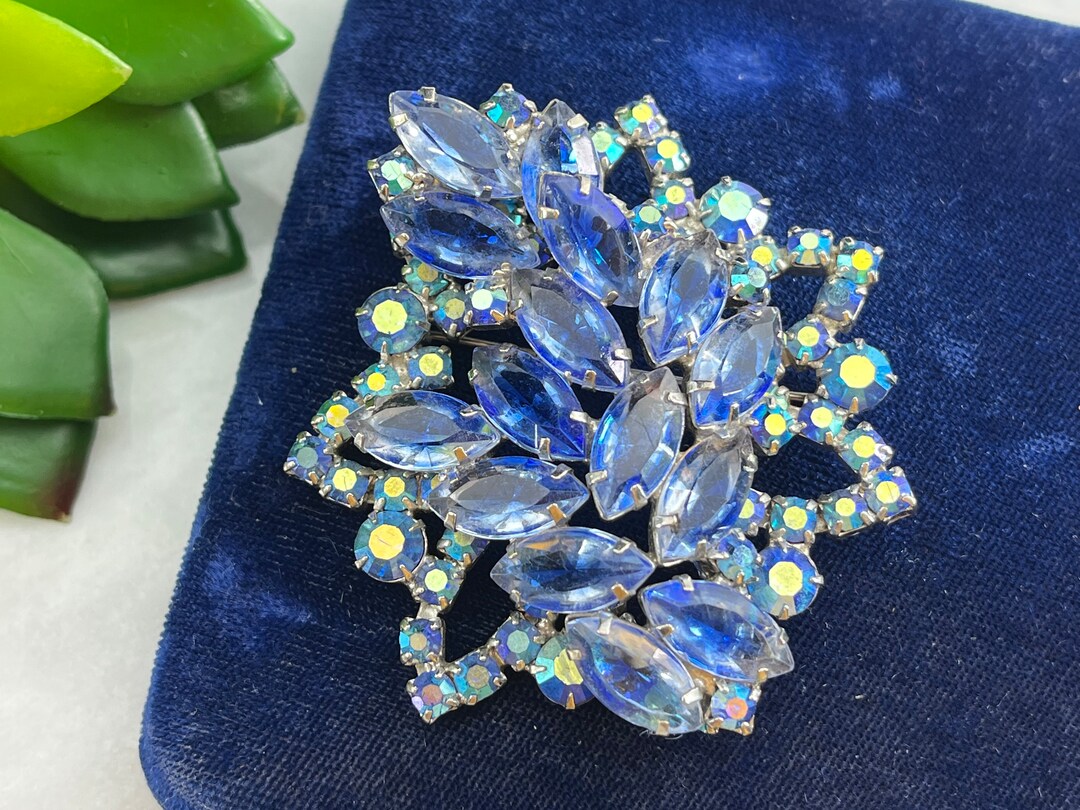 Vintage Blue Rhinestone Brooch - 1960s Costume Jewelry Gift for Women ...