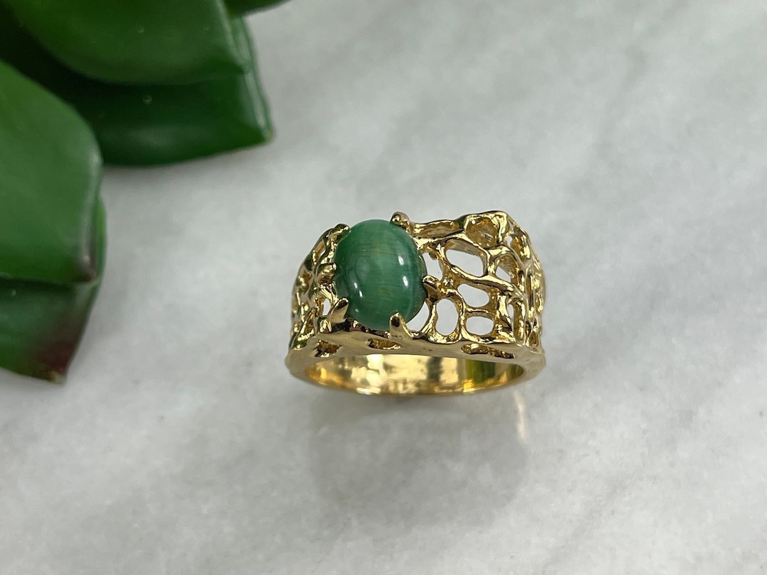 Mens Jewelry Gold Brutalist Ring 18k Gold Plated and Green Tiger Eye ...