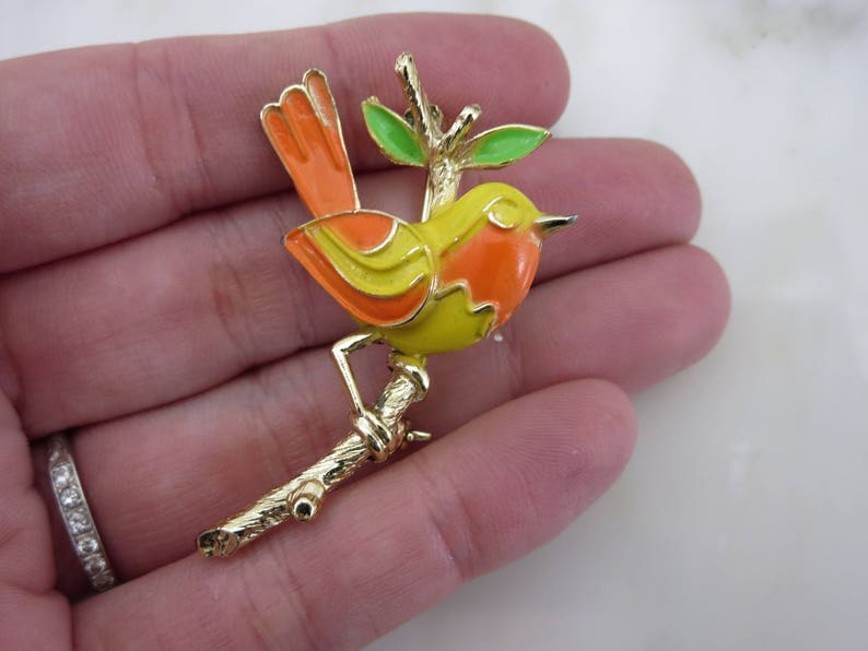 Vintage Costume Jewelry Bird Brooch With Bright Yellow Orange Enamel - Etsy