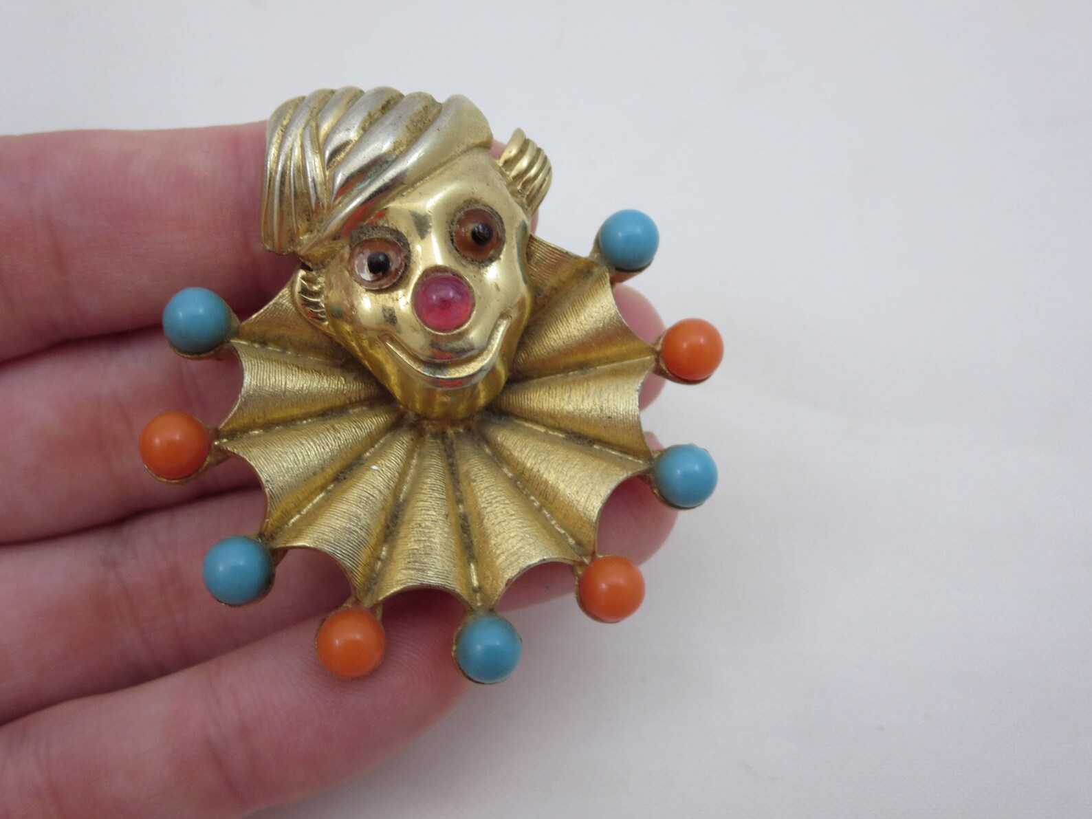 Clown Brooch - Figural Gold Tone Turquoise Coral Balls Mid Century ...