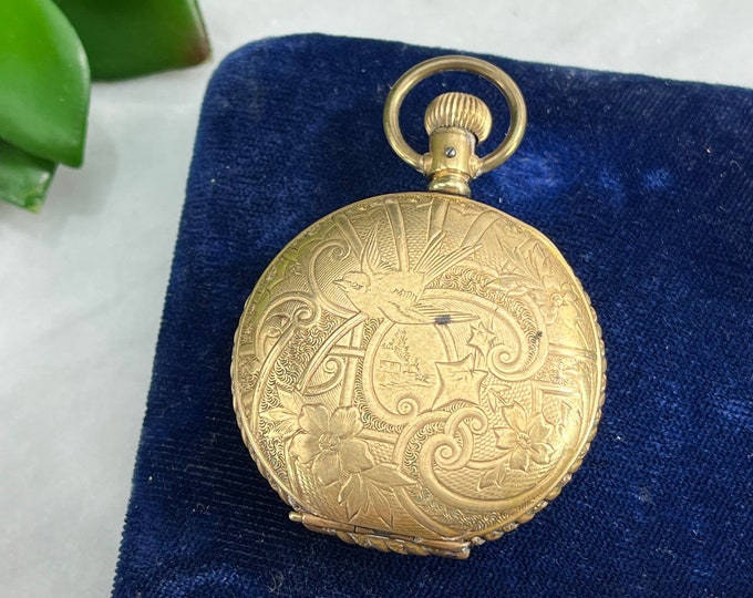 Antique Pocket Watch Case - Engraved House and Bird in Scrollwork, AS ...