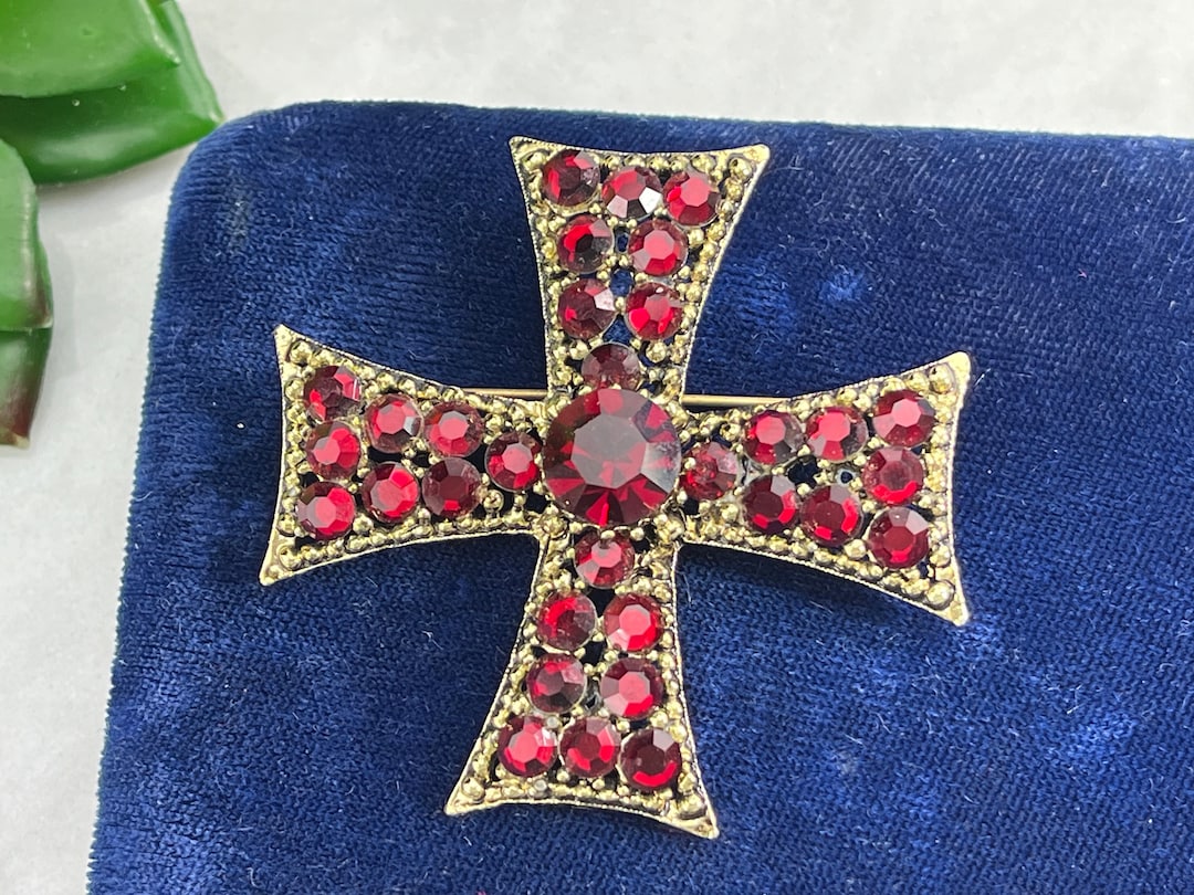 Red Maltese Cross Rhinestone Brooch - Weiss Costume Jewelry - Etsy
