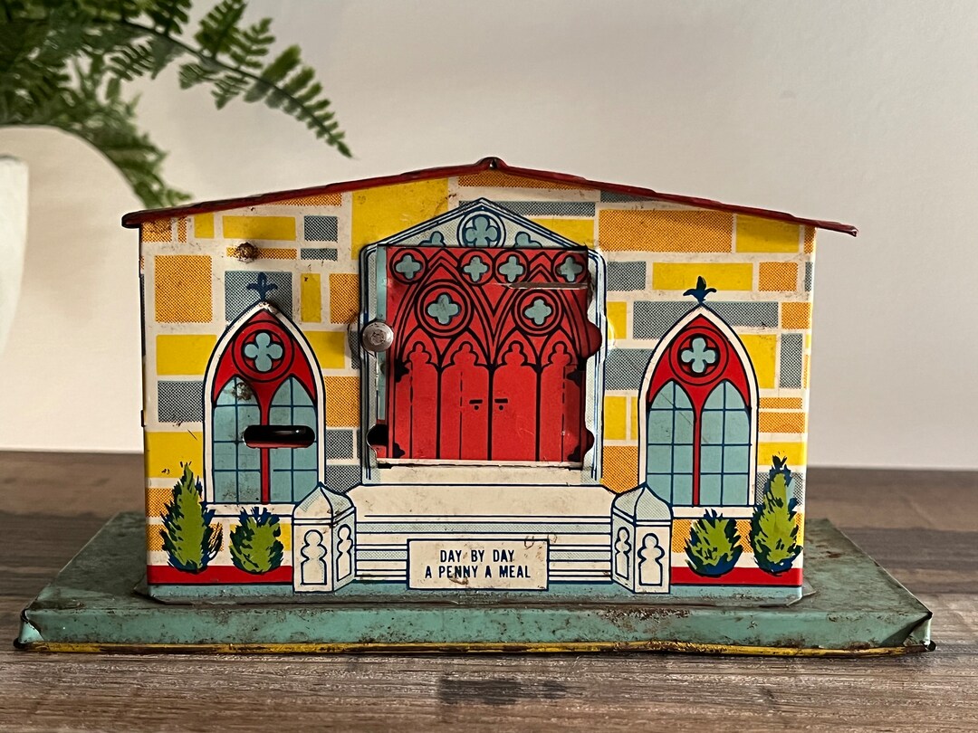 J Chein Tin Litho Coin Bank Church Vintage, Made in USA - Etsy