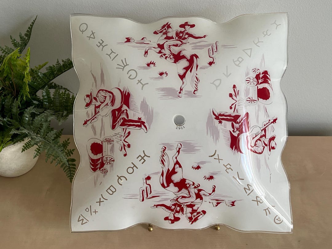 Vintage Western Cowboy Square Glass Ceiling Light Shade - Mid Century ...