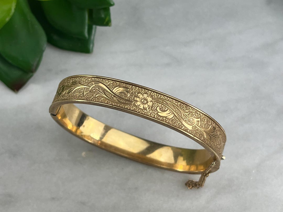 Gold Etched Bracelet Krementz Gold Plated Bangle, Victorian Revival ...