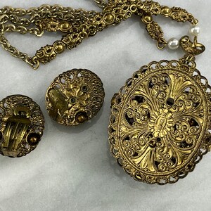 West Germany Red Rhinestone Jewelry Set Necklace and Earrings - Brass Filigree Necklace With ...