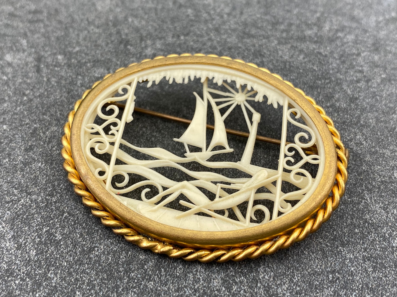 Vintage Celluloid Cameo Brooch - Cut Out Scene Brooch, French, Woman on ...