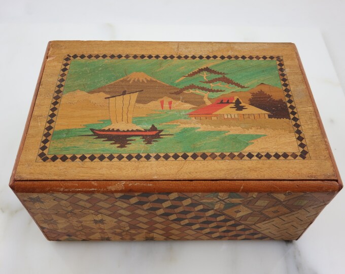 Japanese Puzzle Box - Wood, Colorful Mt Fuji Scene, Secret Compartment ...