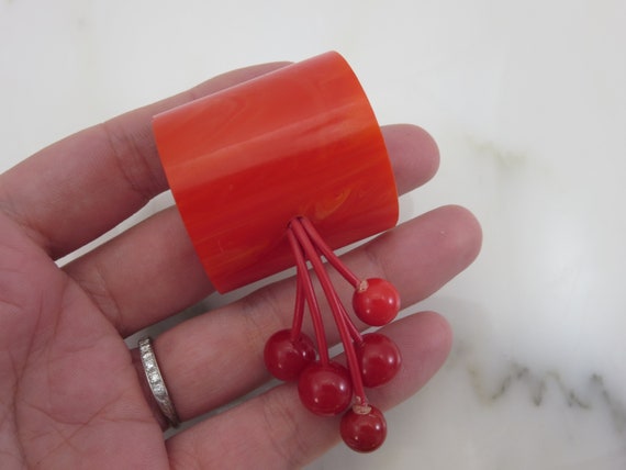 Bakelite Cherry Brooch - Red Carved Cherries Bakelite… - Gem