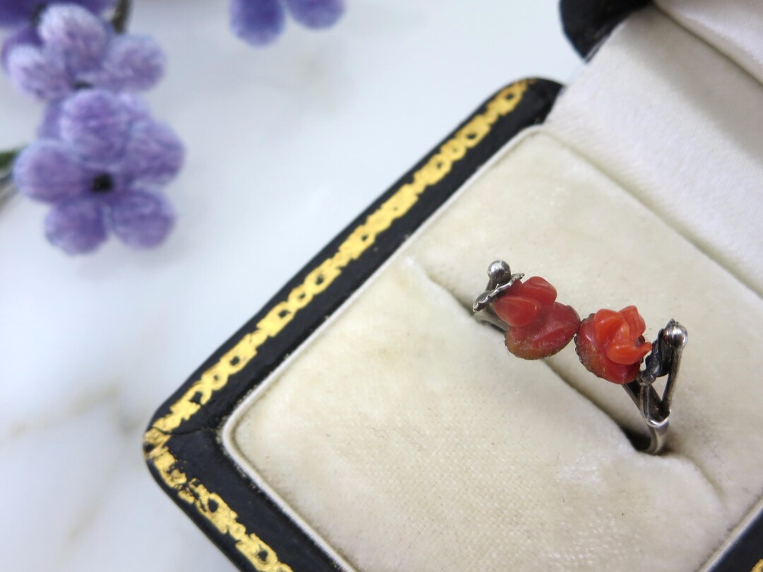 Red Rose Coral Stack Ring - Vintage Rose Wrap Ring Edwardian Carved Red ...